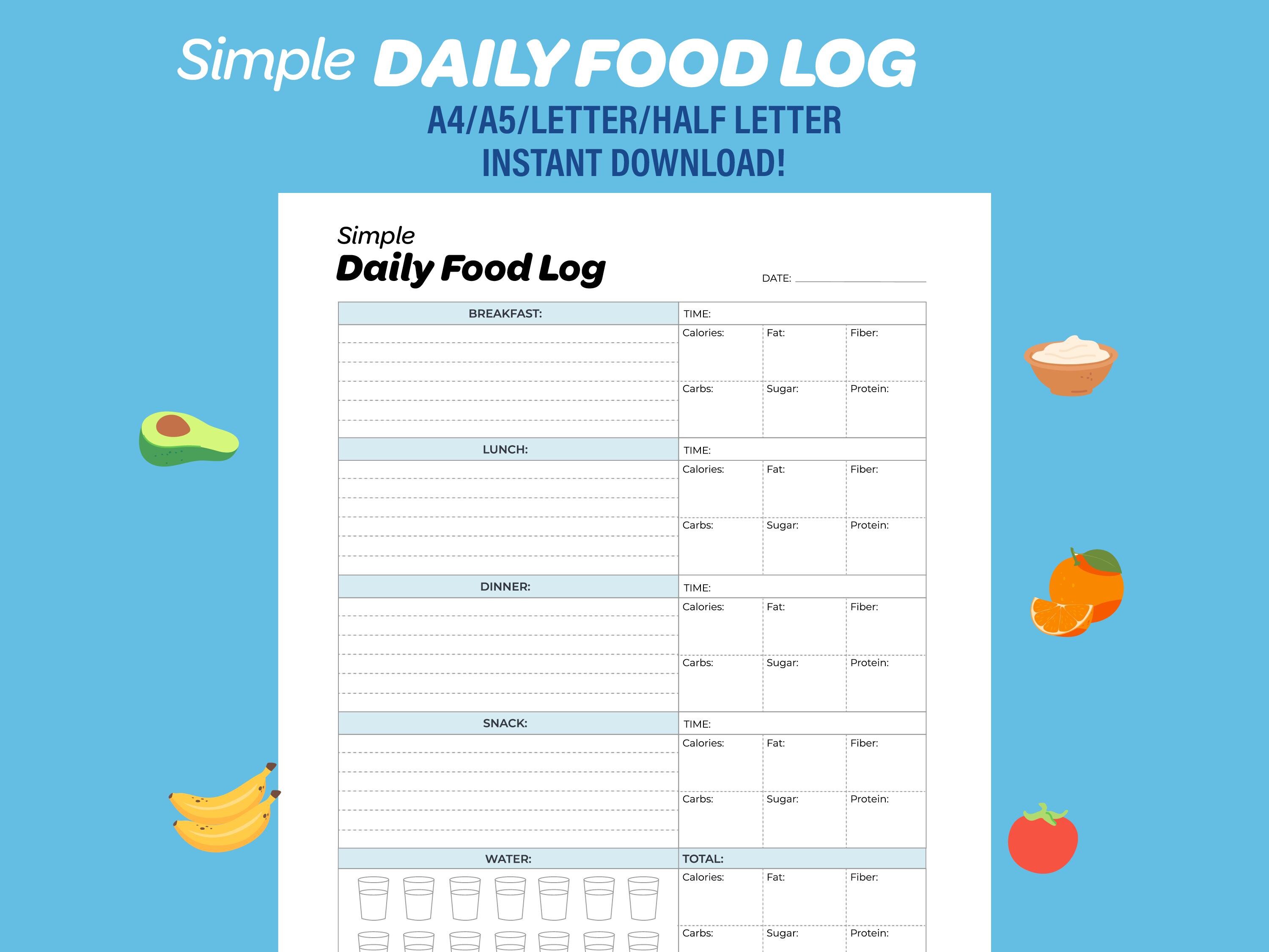 Simple Daily Food Log Tracker Printable, Track Food/meals, Calories ...