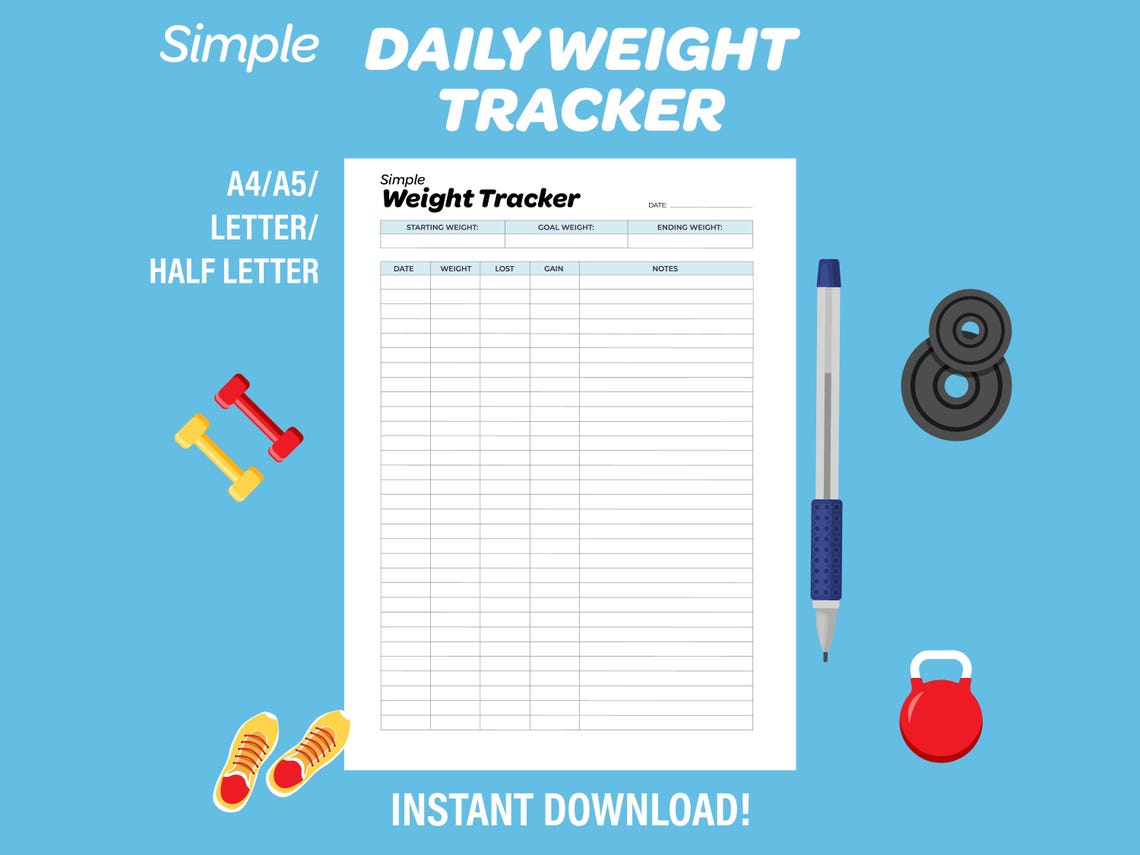 Daily Weight Log Tracker Printable, Start Weight, Weight Gain and Loss ...