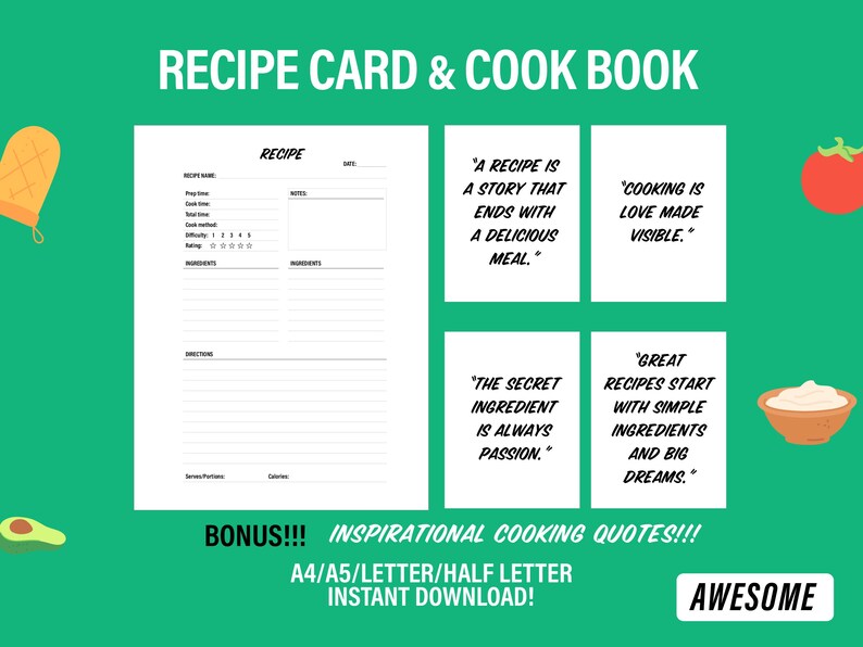 Recipe Book Template Printable, Blank Recipe Page, Cook Book Journal ...