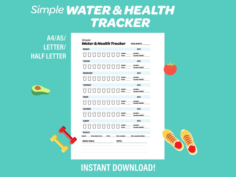 Water and Health Tracker Printable, Daily/weekly Calorie Log, Daily ...