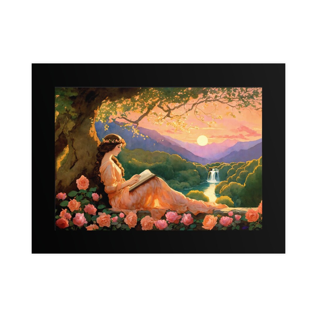 Princess in Peach Peignoir, Reading Under a Tree by a Waterfall ...
