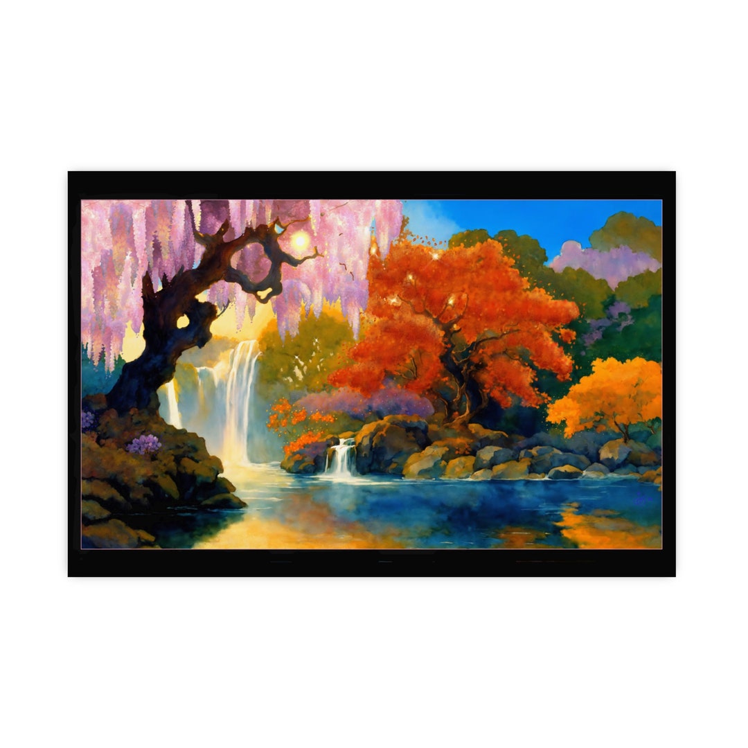 Sparkly Wisteria Waterfall, Parrish Style Watercolor, Fine Art Print ...