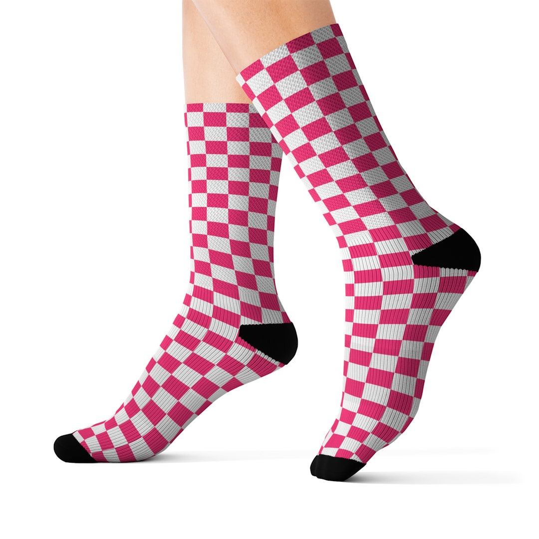 Pink and White Checkerboard Sublimation Socks, Unisex Checker Fashion ...