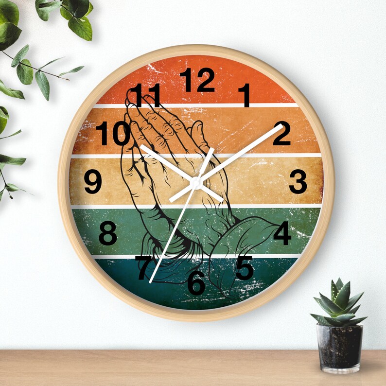 Praying Hands Wall Clock, Retro Sunset Gradient, Home Decor, Christian ...