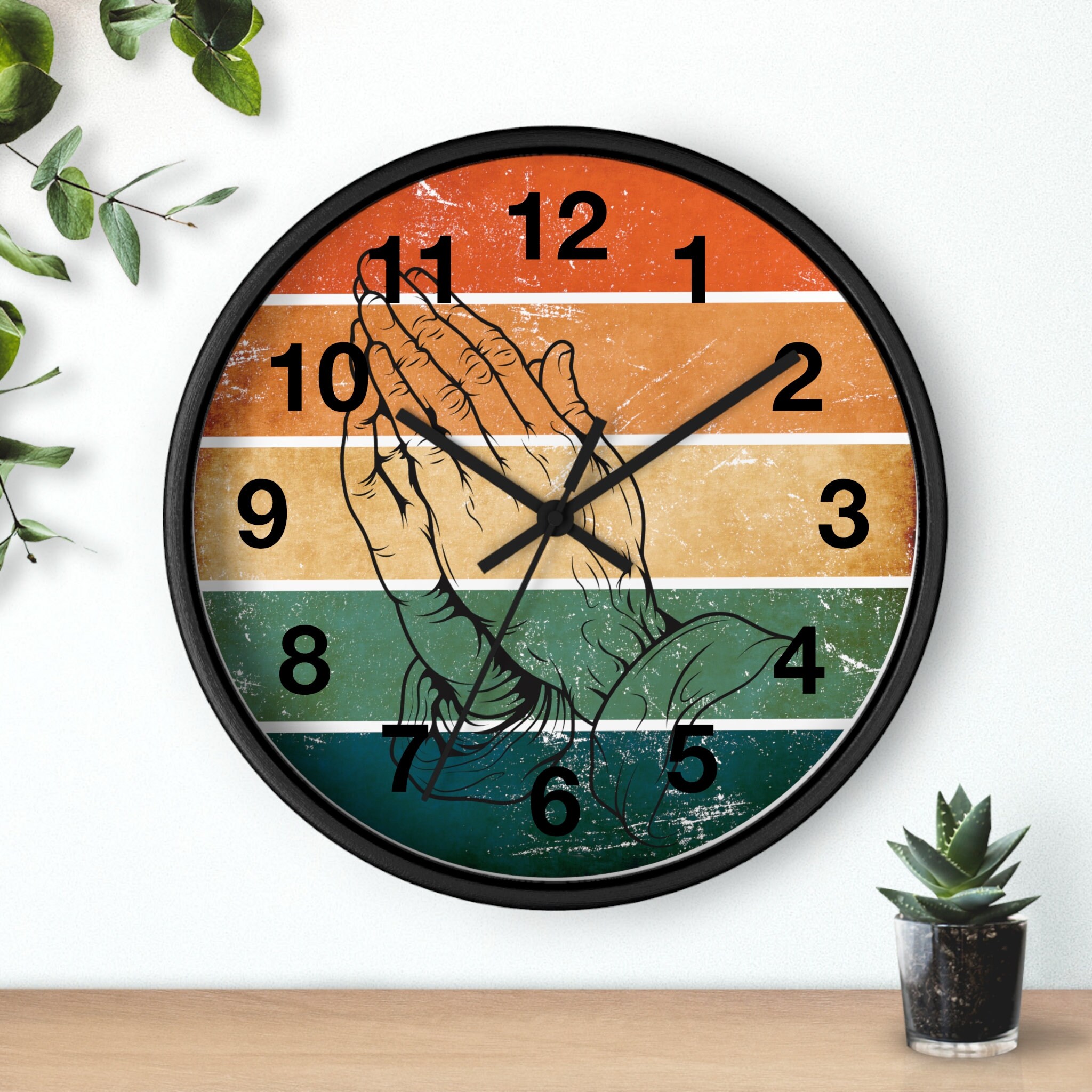 Praying Hands Wall Clock, Retro Sunset Gradient, Home Decor, Christian ...