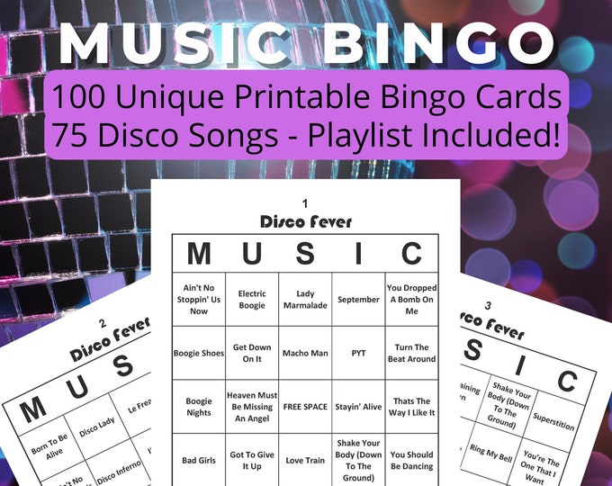Music Bingo Disco Fever, 100 Bingo Cards, 75 Song PLAYLIST INCLUDED ...