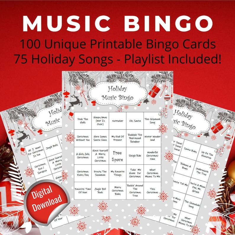 Music Bingo - Christmas & Holiday Songs, 100 Bingo Cards, 75 Song ...