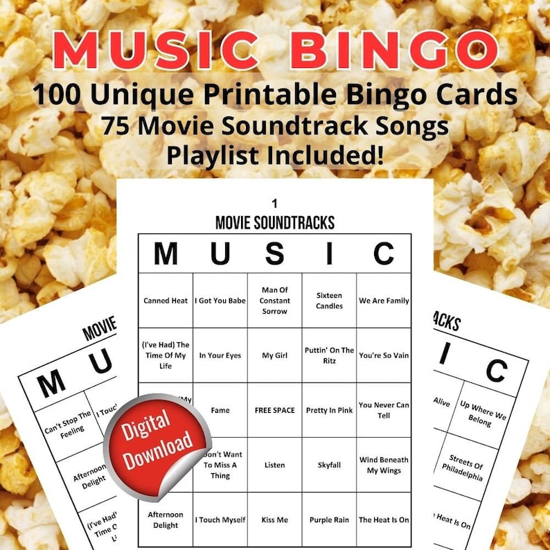 Music Bingo - Movie Soundtracks, 100 Bingo Cards, 75 Song PLAYLIST ...
