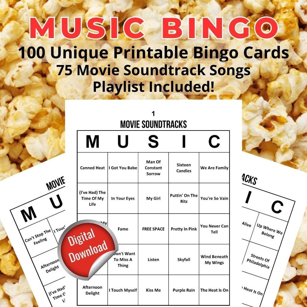 Music Bingo - Movie Soundtracks, 100 Bingo Cards, 75 Song PLAYLIST ...
