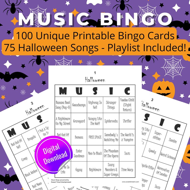 Music Bingo - Halloween, 100 Bingo Cards, 75 Song PLAYLIST INCLUDED ...