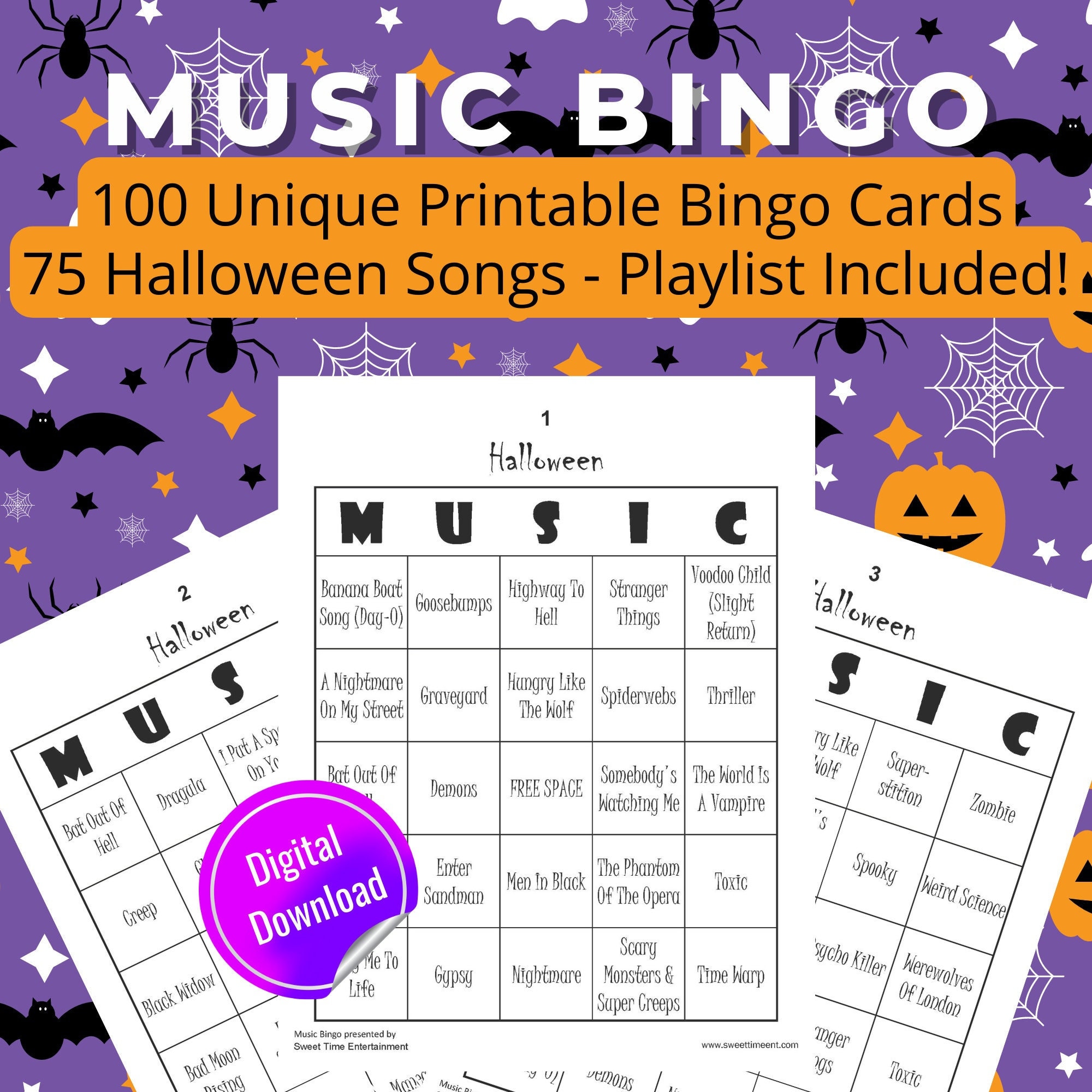 Music Bingo - Halloween, 100 Bingo Cards, 75 Song PLAYLIST INCLUDED ...