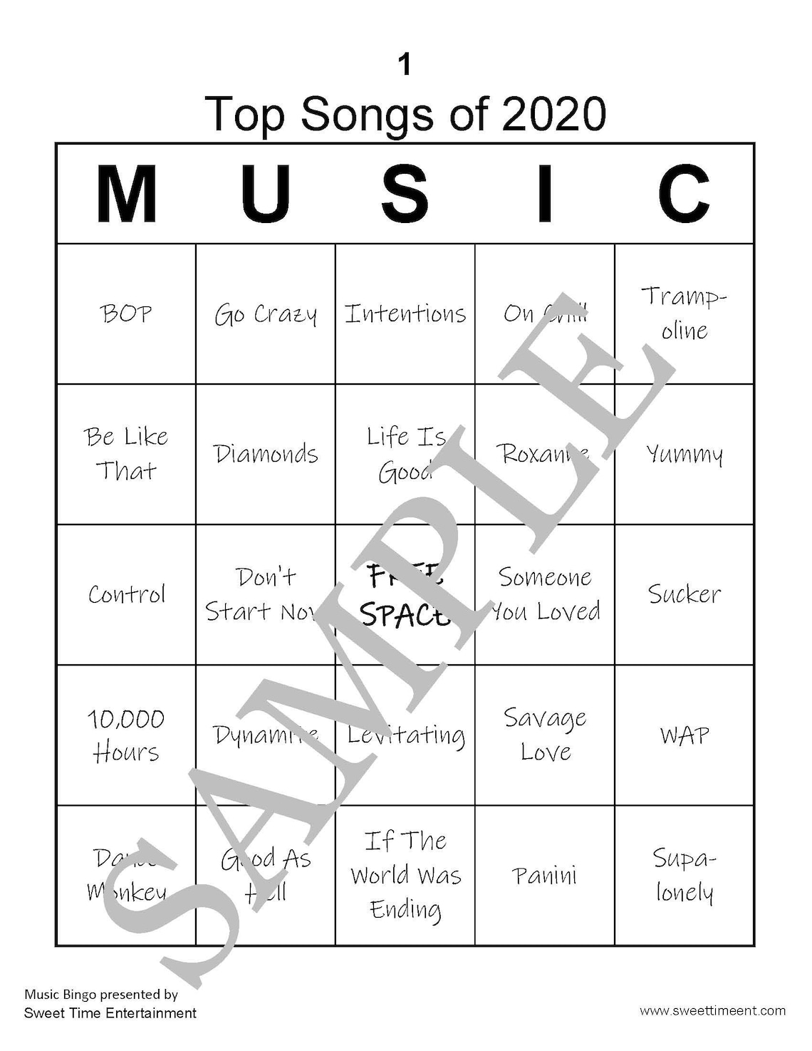 Music Bingo - Top Songs of 2020, 100 Bingo Cards, 75 Song Playlist - Etsy