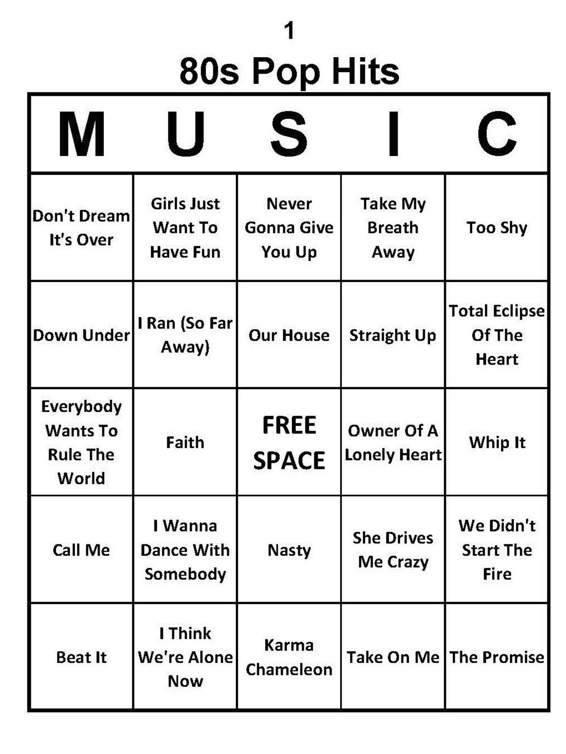 Music Bingo 80 s Pop Hits 100 Bingo Cards Instant Download Etsy