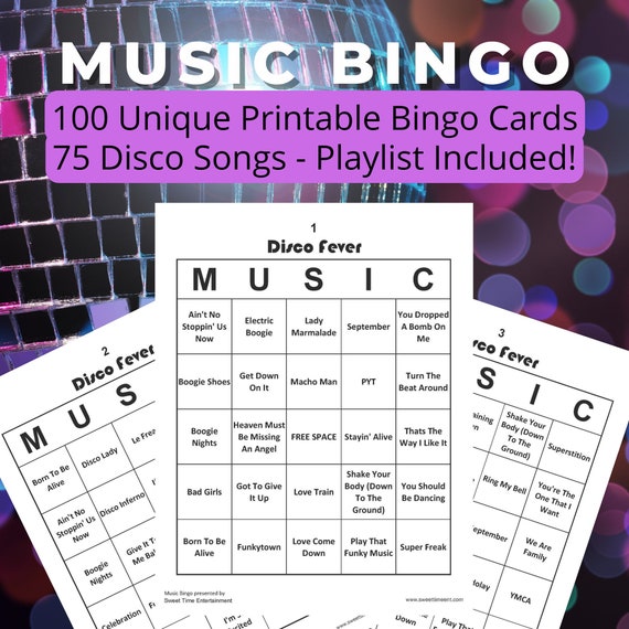 Music Bingo Disco Fever 100 Bingo Cards 75 Song PLAYLIST - Etsy