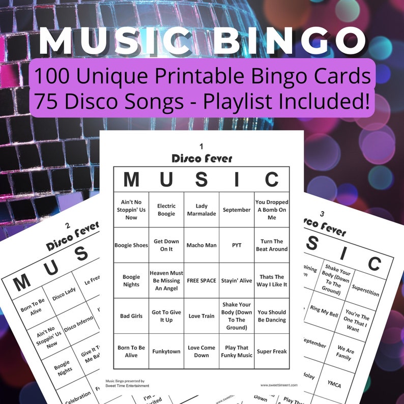 Music Bingo - Disco Fever, 100 Bingo Cards, 75 Song PLAYLIST INCLUDED ...