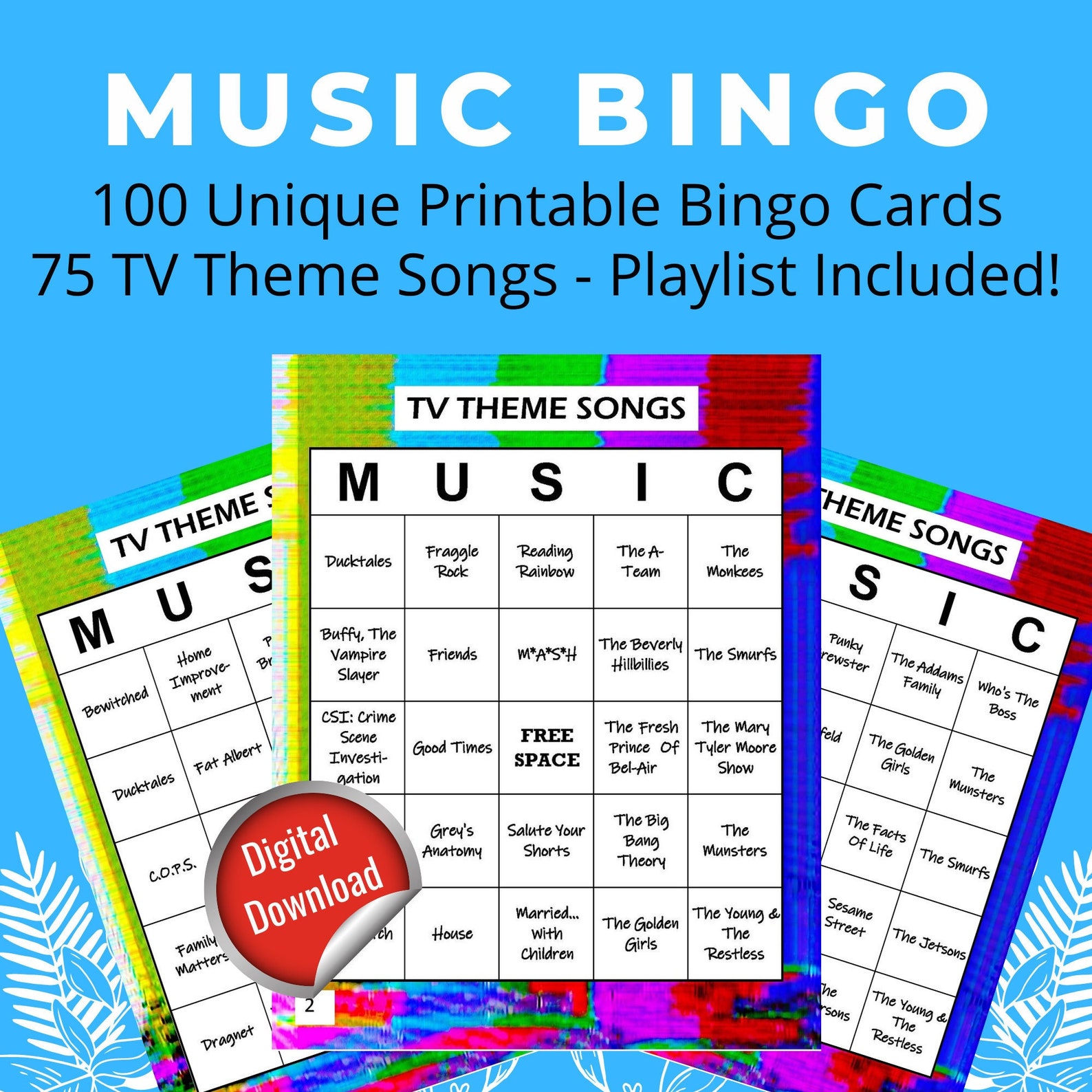 Music Bingo - TV Theme Songs, 100 Bingo Cards, 75 Song PLAYLIST ...
