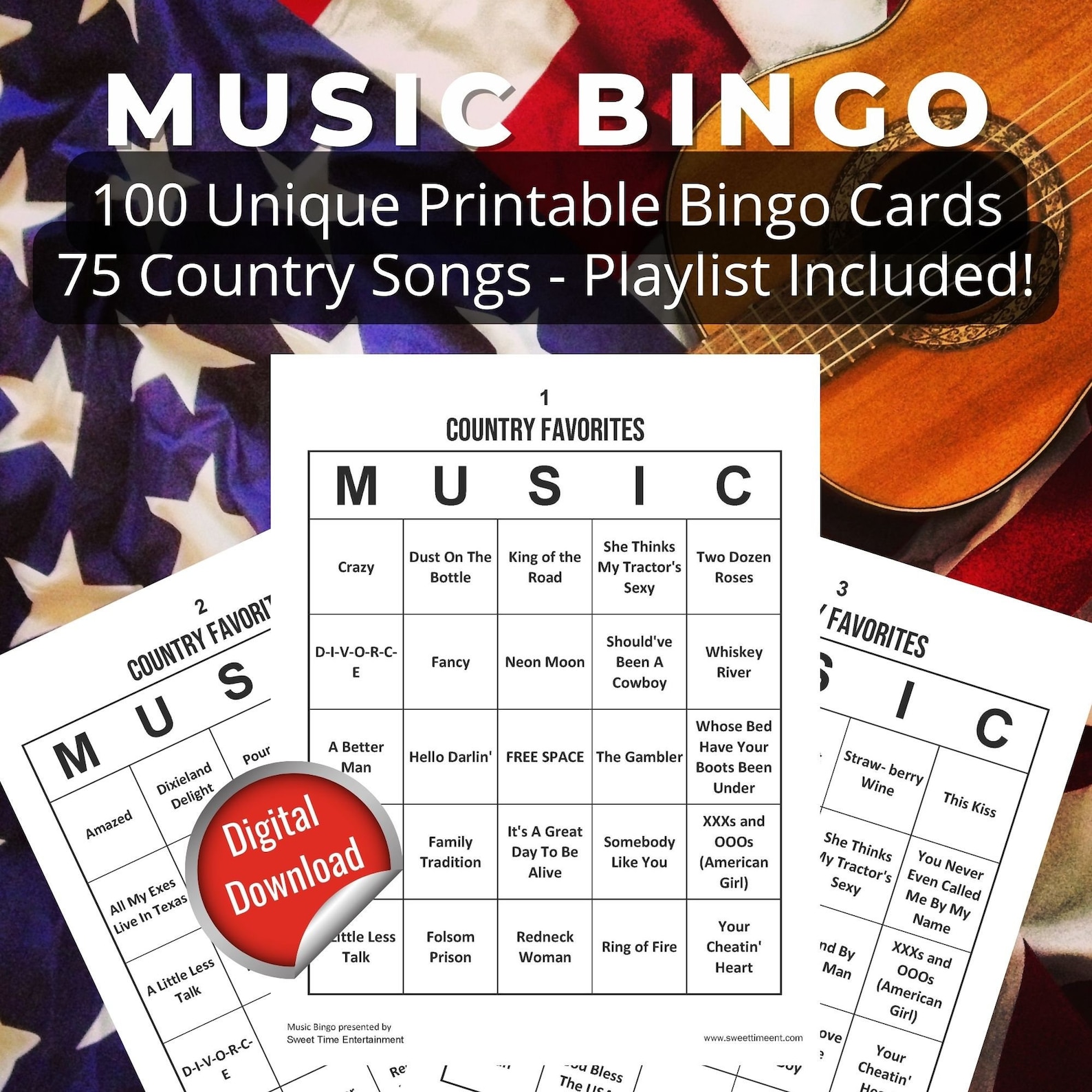 Music Bingo - Country Favorites, 100 Bingo Cards, 75 Song PLAYLIST ...