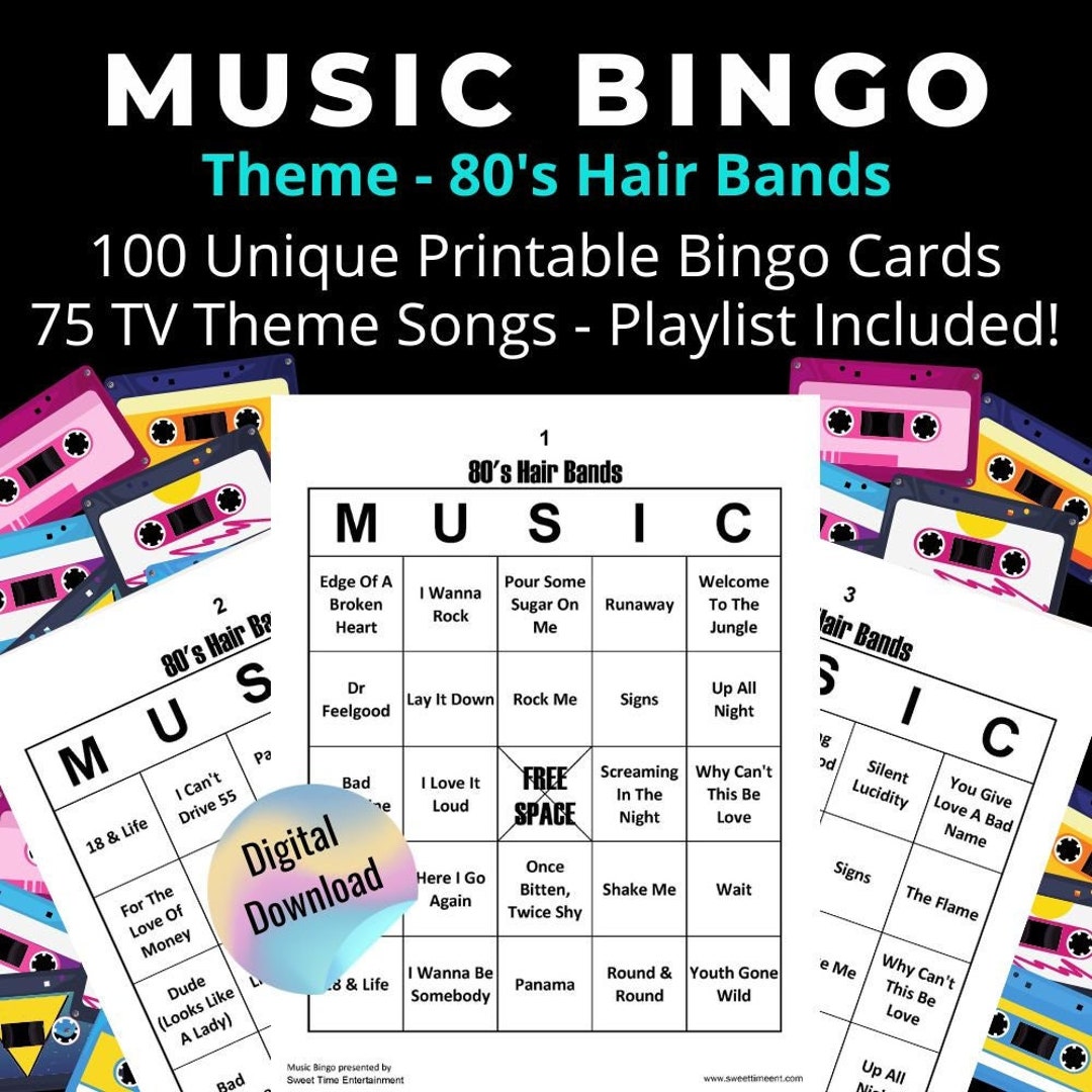 Music Bingo - 80s Hair Bands, 100 Bingo Cards, 75 Song PLAYLIST ...