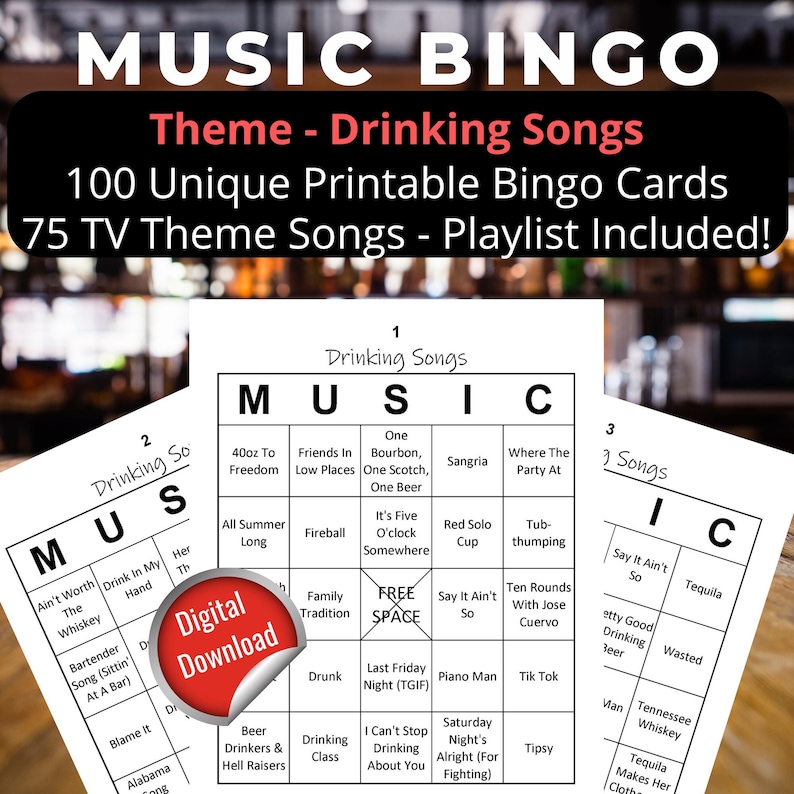 Music Bingo - Drinking Songs, 100 Bingo Cards, 75 Song PLAYLIST ...