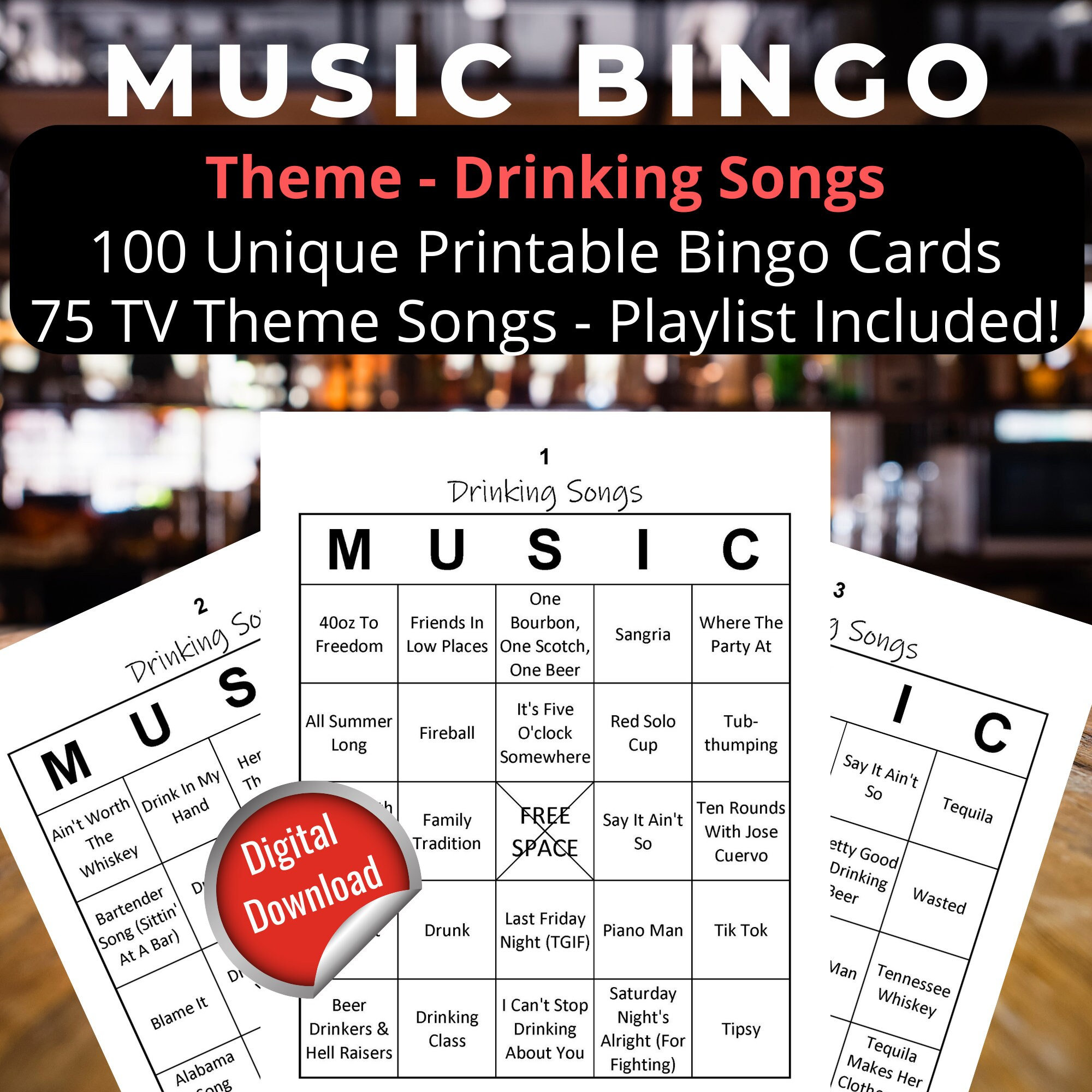 Music Bingo - Drinking Songs, 100 Bingo Cards, 75 Song PLAYLIST ...