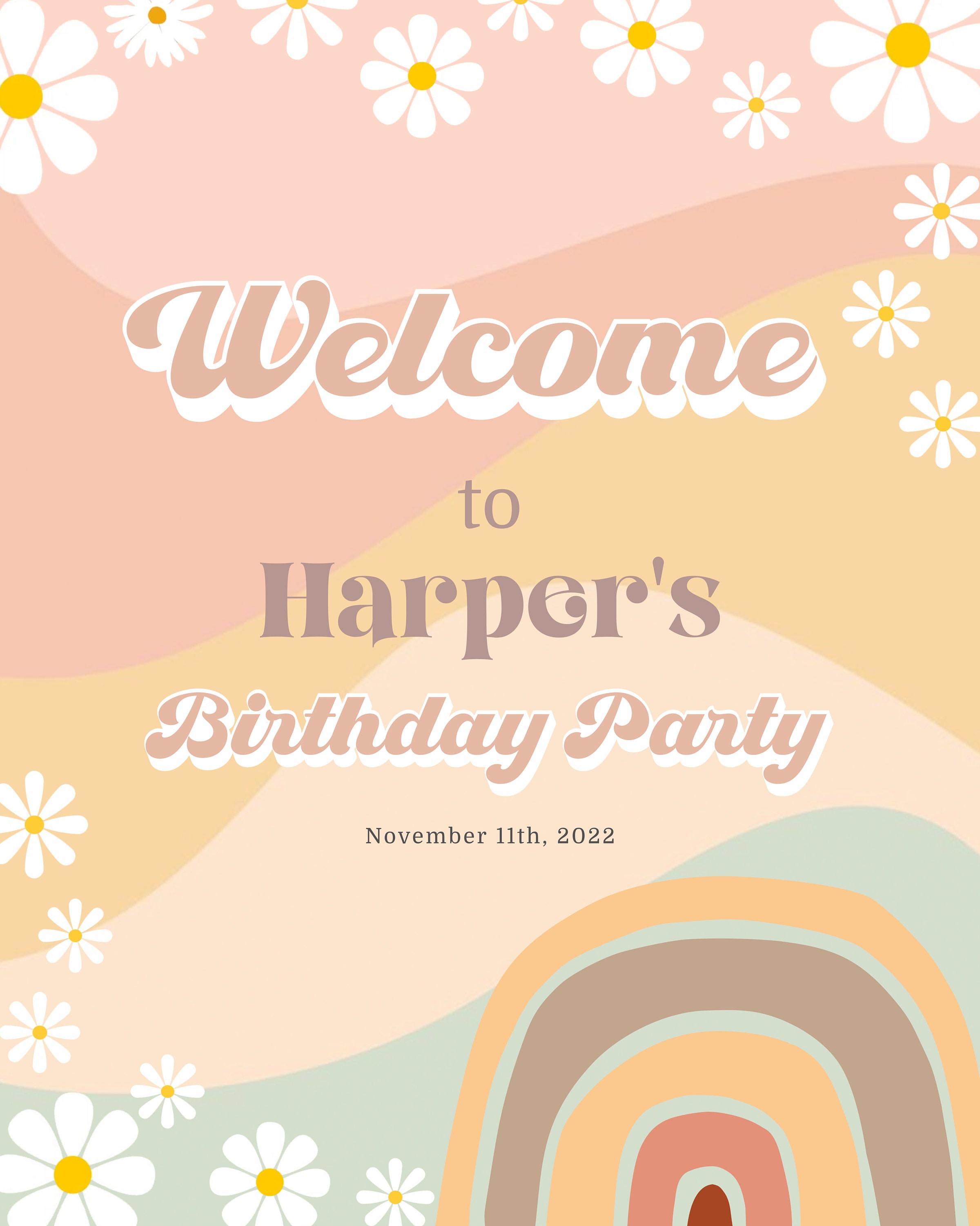 Editable Retro Groovy Daisy Welcome Sign Template Birthday - Etsy