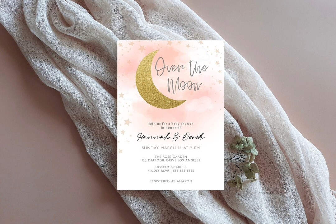 Editable Over the Moon Invitation Template Pink Baby Shower Pastel Moon ...