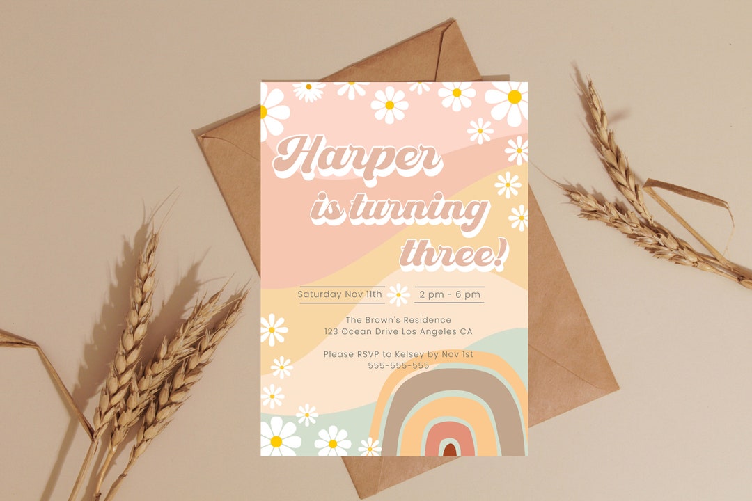 Editable Retro Daisy Birthday Invitation Template for Groovy Hippie ...