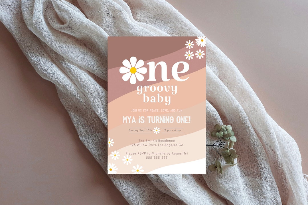 Editable One Groovy Baby Invitation Template for Hippie Birthday Party ...