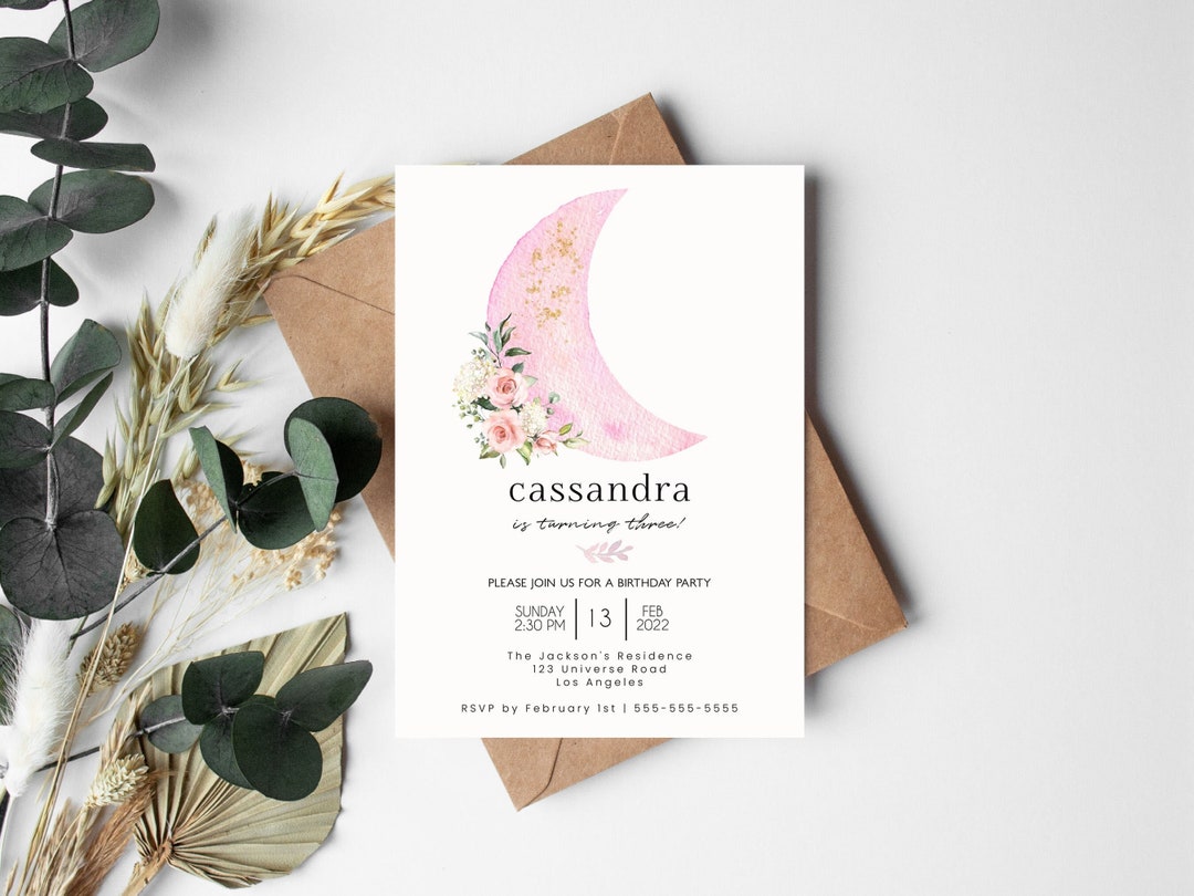 Editable Pink Floral Moon Birthday Invitation Template Two the Moon ...