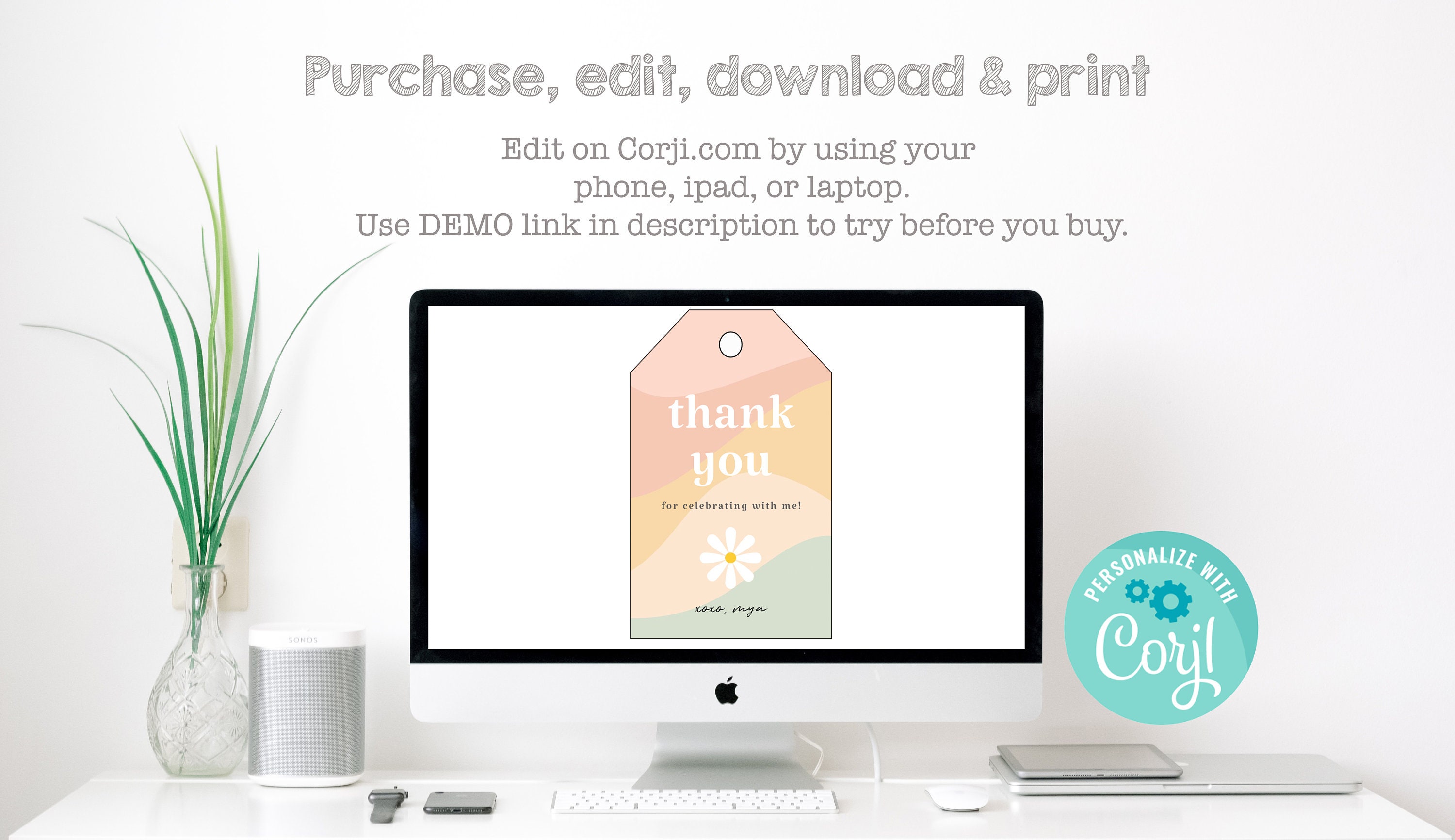 Editable Groovy Gift Tag Template Baby Shower 1st Birthday Daisy Theme ...