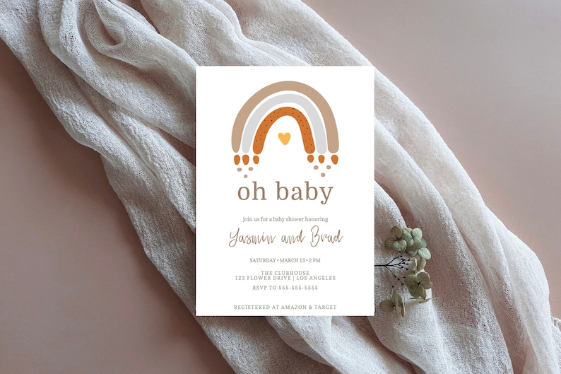 Editable Boho Rainbow Baby Shower Card Invitation Neutral - Etsy