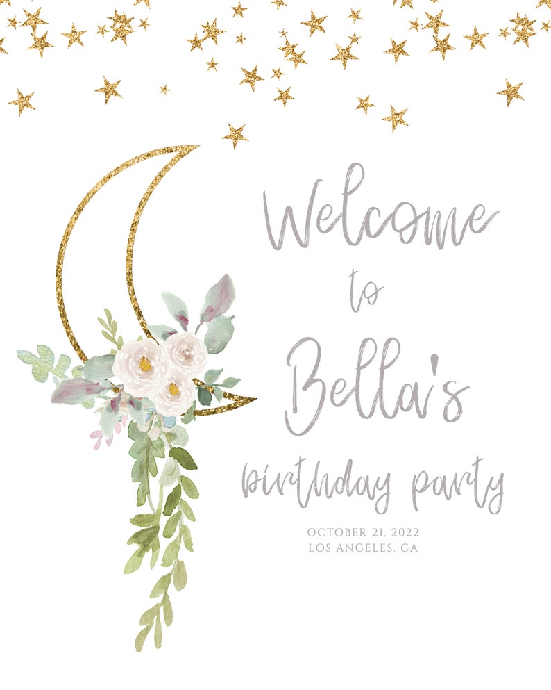 Editable Gold Moon Birthday Welcome Sign Template Floral Pink - Etsy
