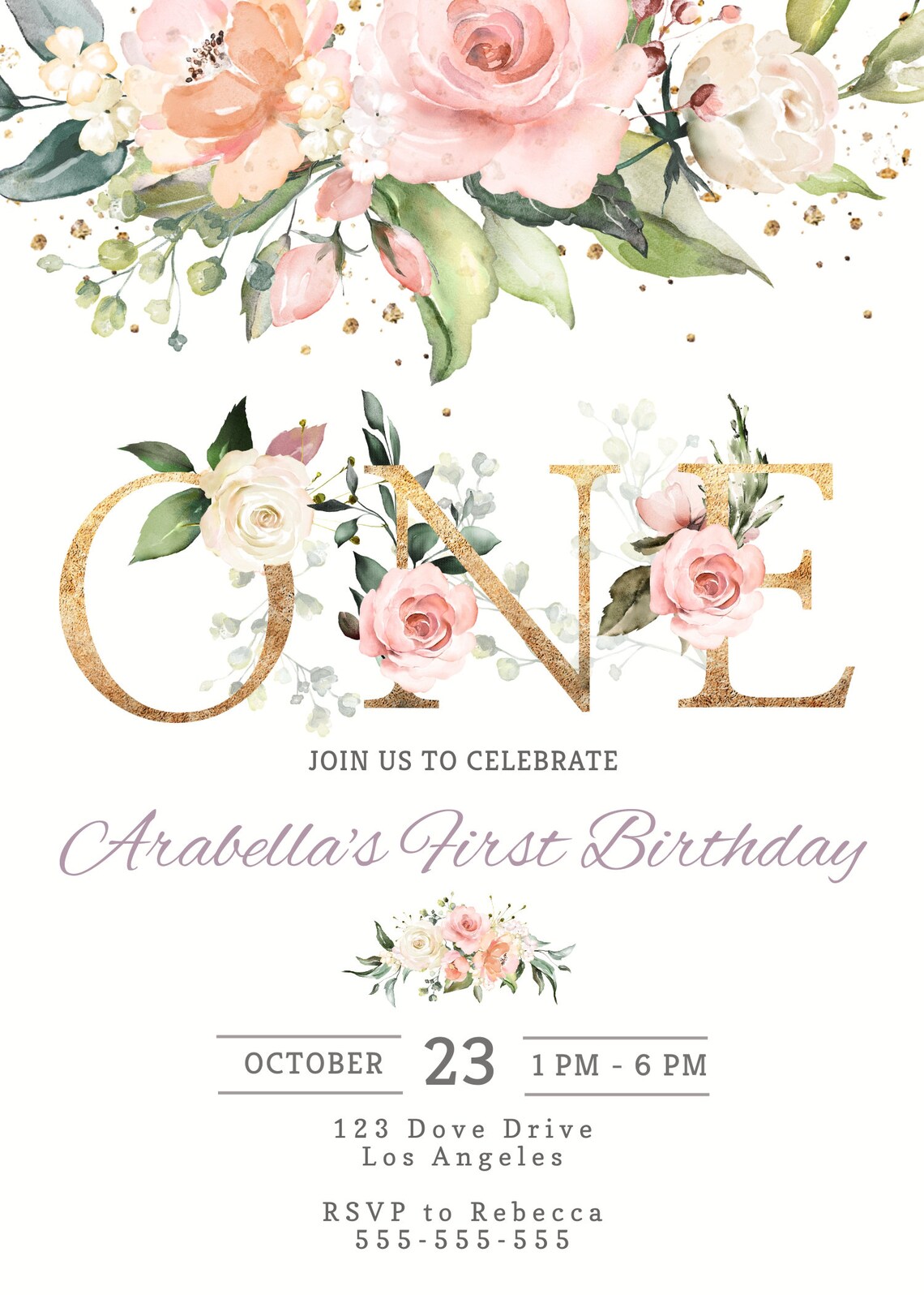 Editable One Floral Invitation Template Printable First | Etsy