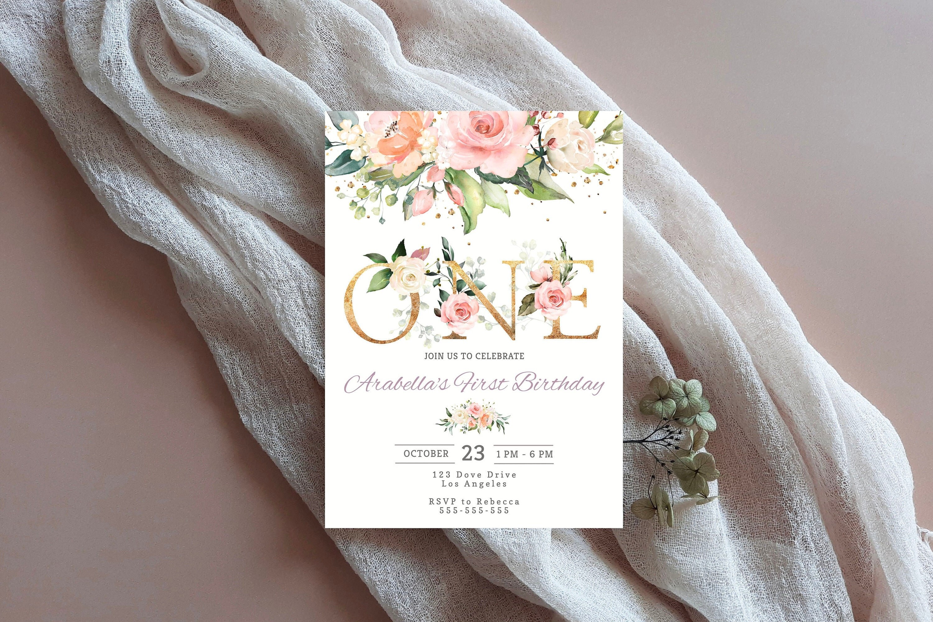 Editable One Floral Invitation Template Printable First - Etsy