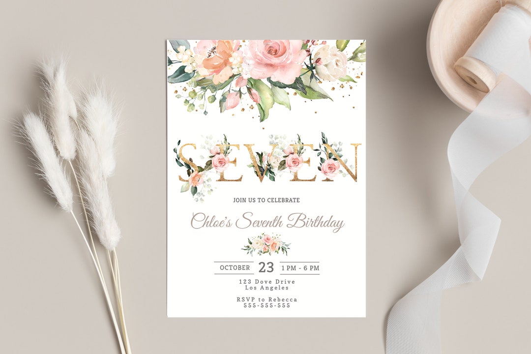 Editable Seven Floral Invitation Template Printable Seventh Birthday ...