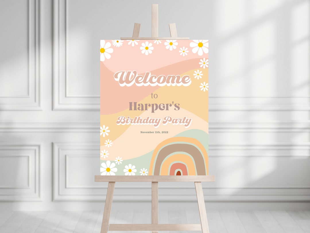 Editable Retro Groovy Daisy Welcome Sign Template Birthday Baby Shower ...