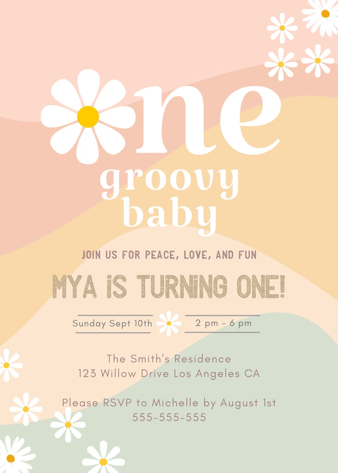 Editable One Groovy Baby Invitation Template for Hippie Birthday Party ...