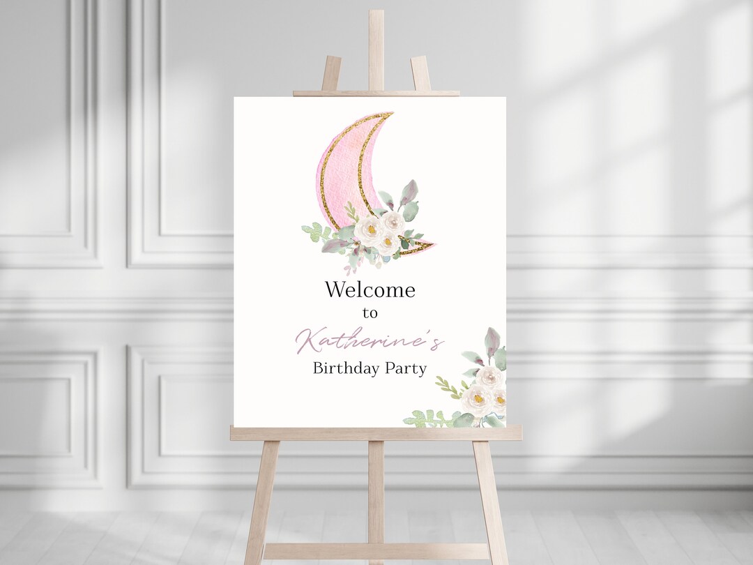 Editable Pink Floral Moon Welcome Sign Template for Baby Shower ...