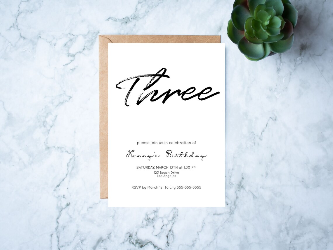 Editable Three Birthday Invitation Template Printable 3rd | Etsy