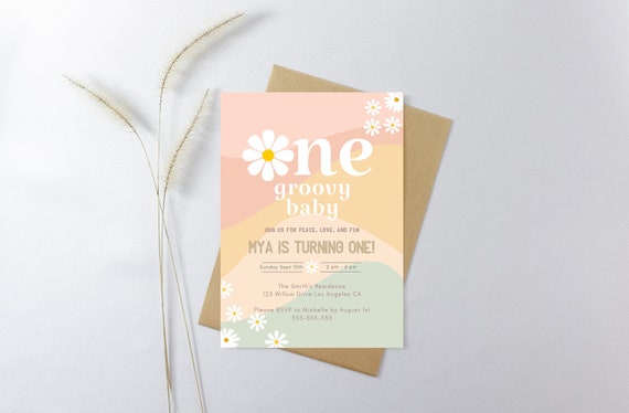 Editable One Groovy Baby Invitation Template for Hippie | Etsy
