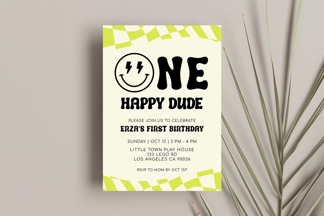 Editable One Happy Dude Invitation Template for Cool Kid First Birthday ...