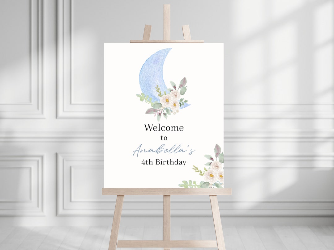 Editable Blue Floral Moon Welcome Sign Template Birthday Baby Shower ...