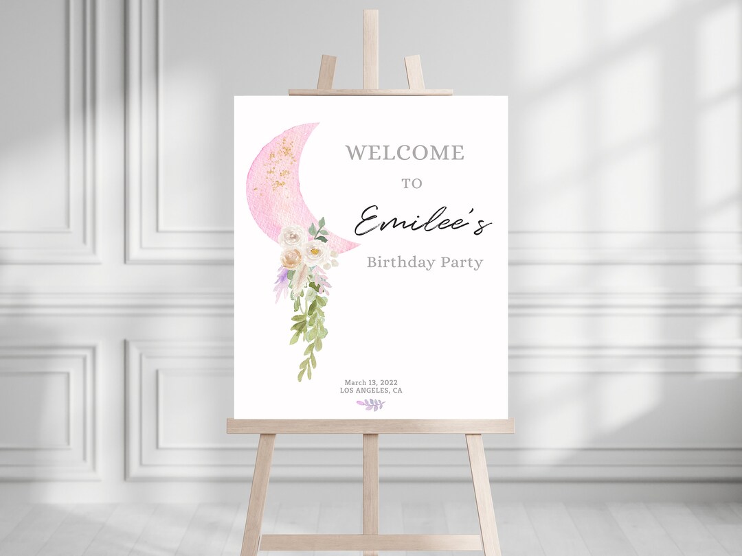 Editable Two the Moon Welcome Sign Template Birthday Space Girl Pink ...