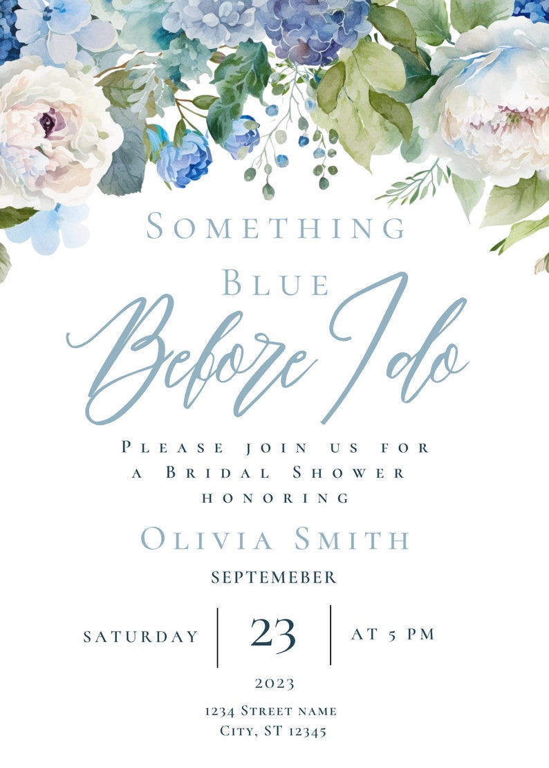 Something Blue Bridal Shower Invitation Template, Greenery Bridal ...
