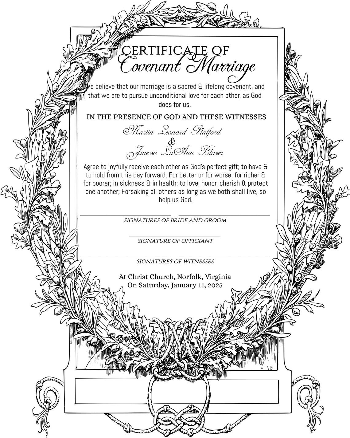 Covenant Marriage Certificate Template, Editable 8x10 (digital Download ...