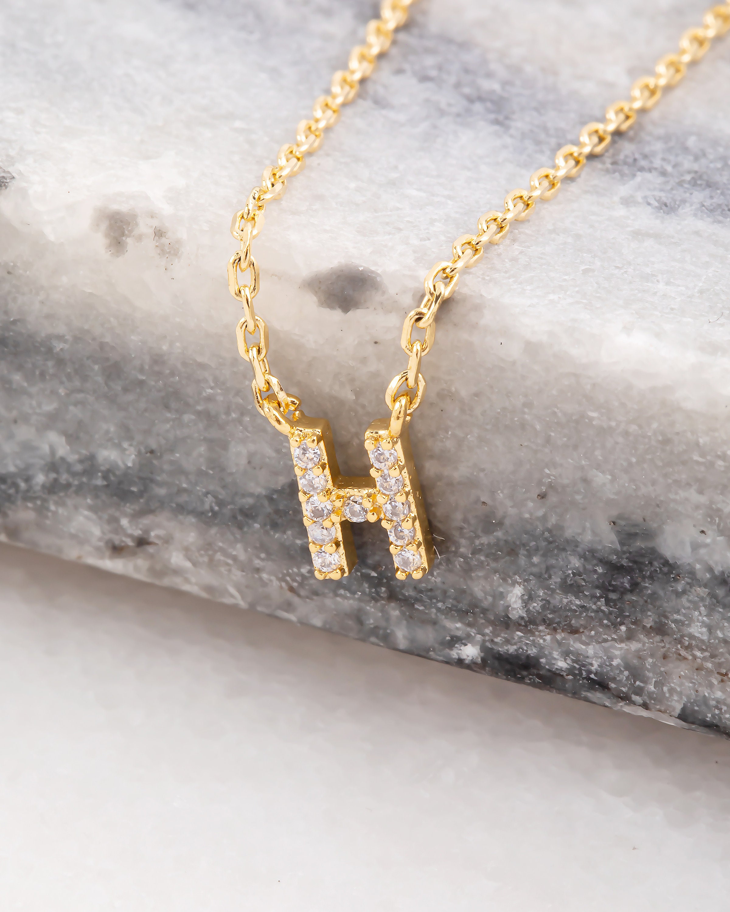 18K Gold Dipped Jeweled Initial H Necklace Letter H Dainty | Etsy