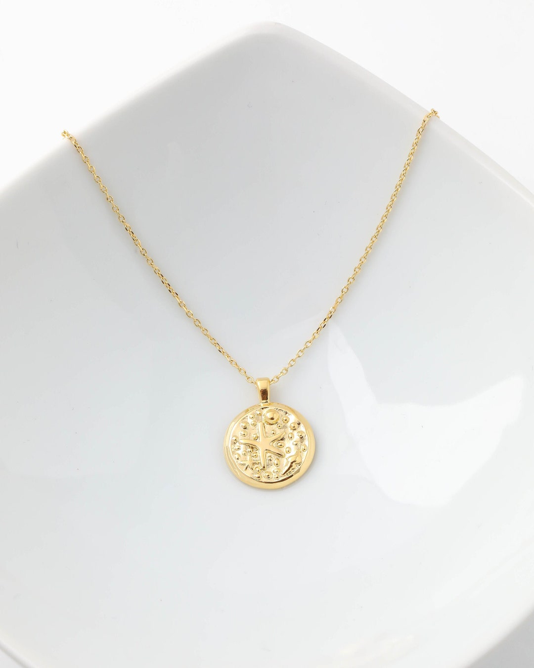 18K Gold Dipped Starfish Coin Pendant Necklace Dainty - Etsy