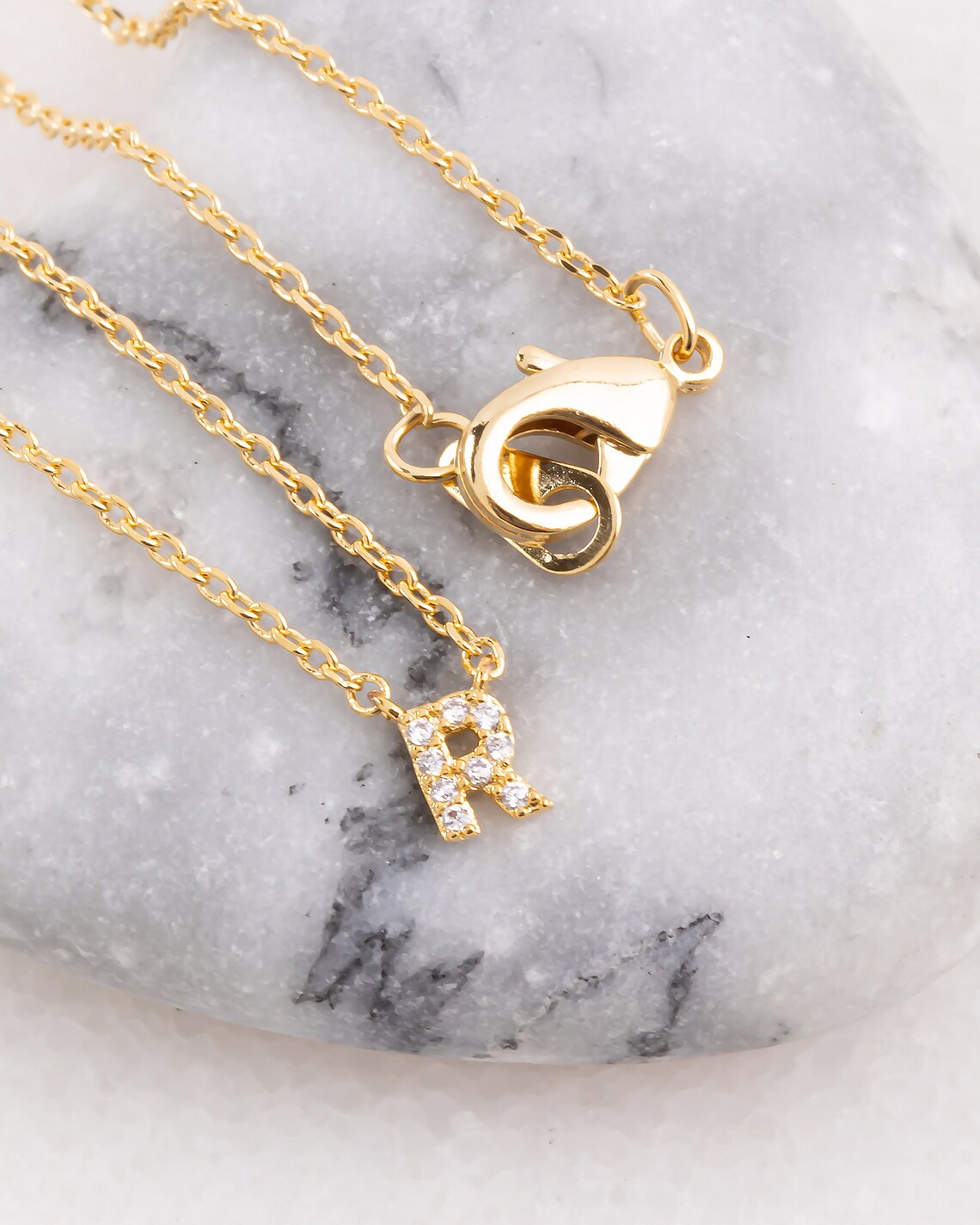 18K Gold Dipped Jeweled Initial R Necklace Letter R Dainty | Etsy