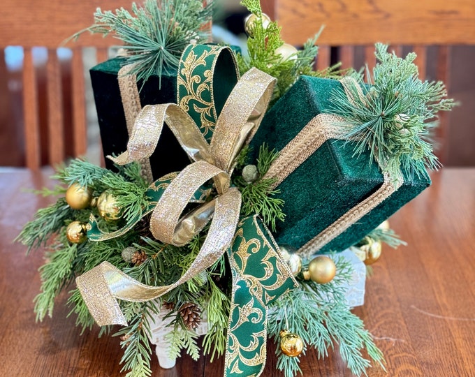 Christmas Gift Box Centerpiece, Christmas Table Decor, Green and Gold ...