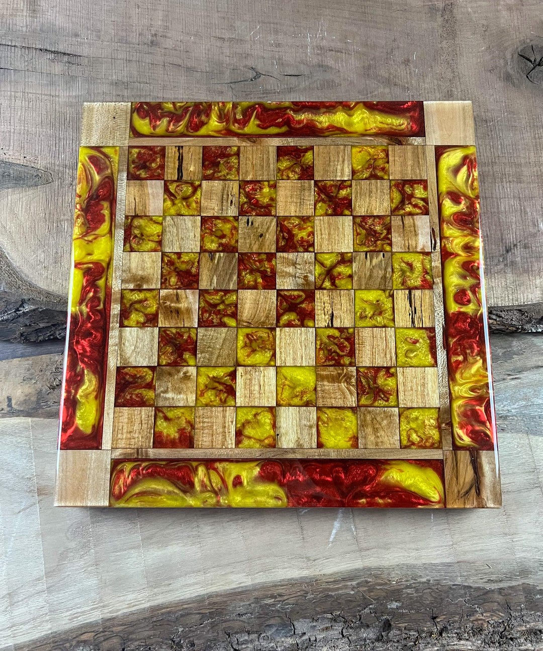 Vivid Yellow Red Lava Maple Wood Chess Board (glass Chess Set Included ...